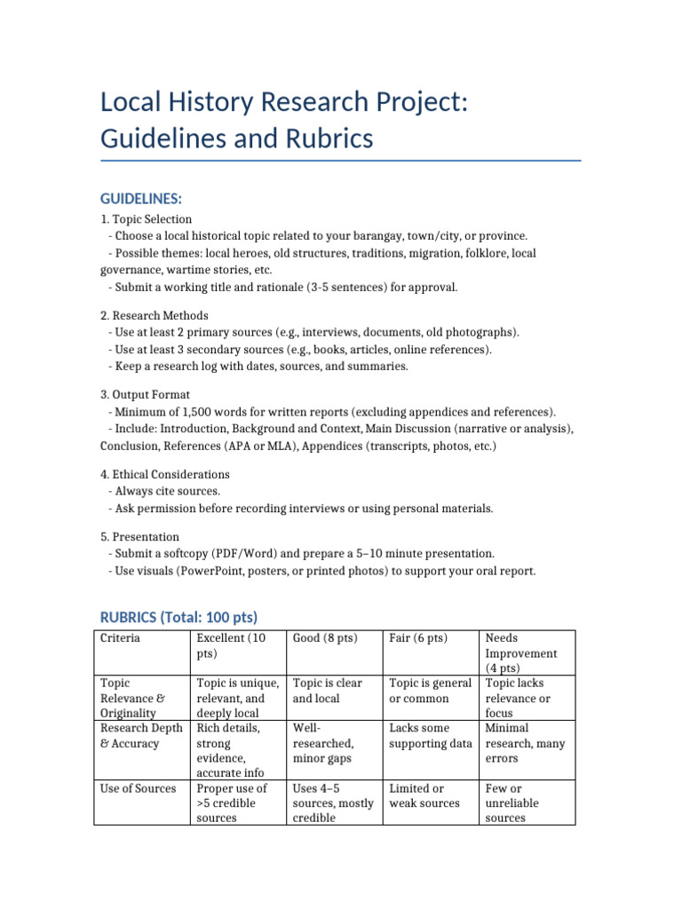 Local History Research Guidelines and Rubrics | PDF | Human Communication