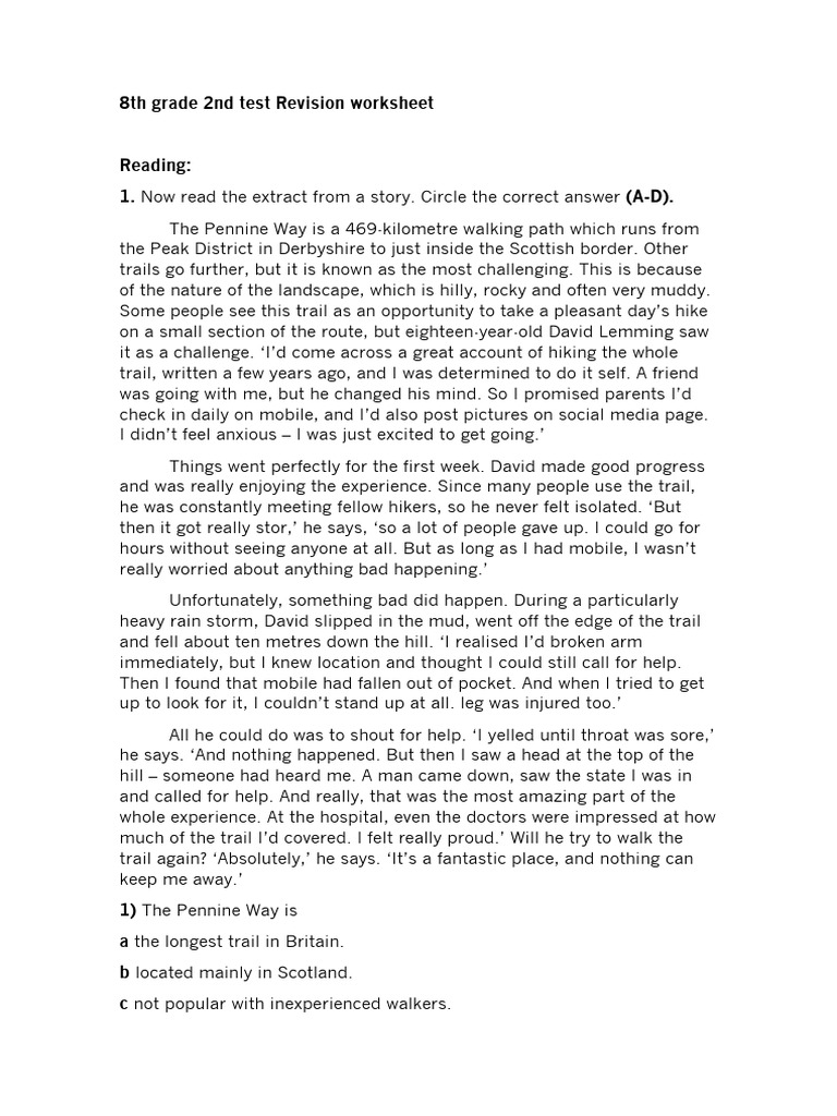 8th Grade - 2nd Test Revision Worksheet | PDF | Hiking | Trail