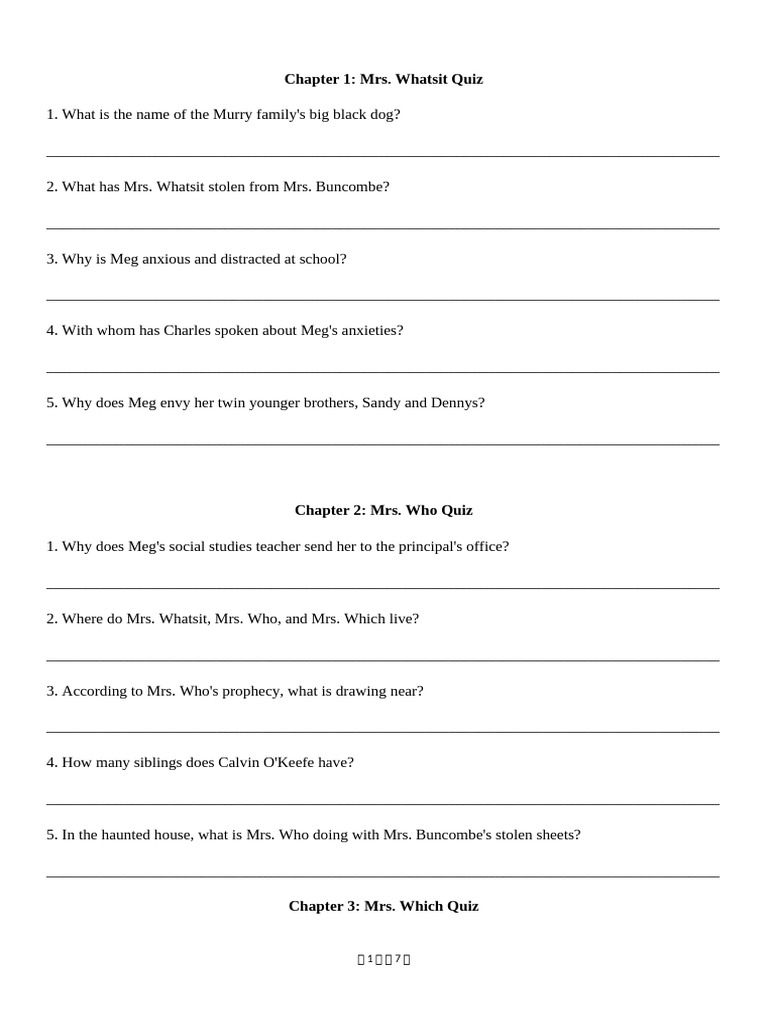 A Wrinkle in Time Chapter Quizzes | PDF