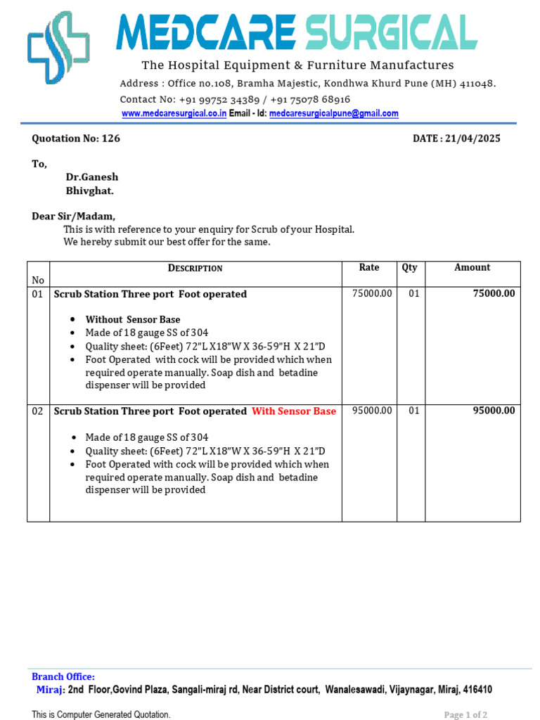 Quotation for Scrub Stations to Dr. Ganesh | PDF