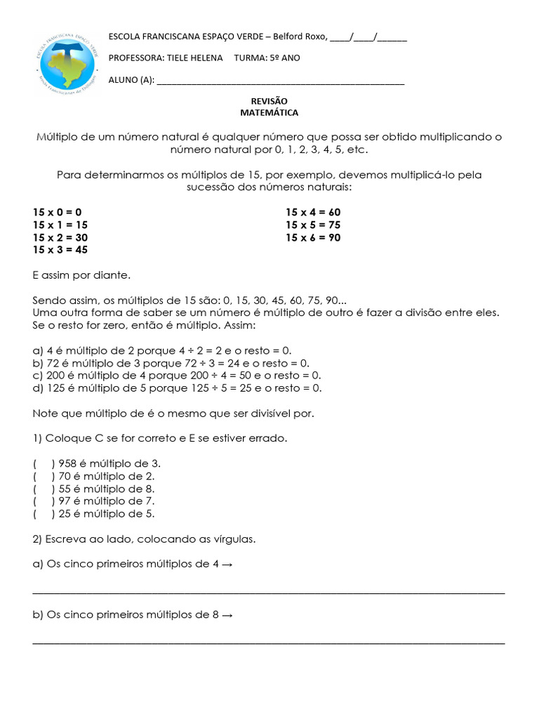 Múltiplos e Divisores: Revisão 5º Ano | PDF | Matemática | Aritmética