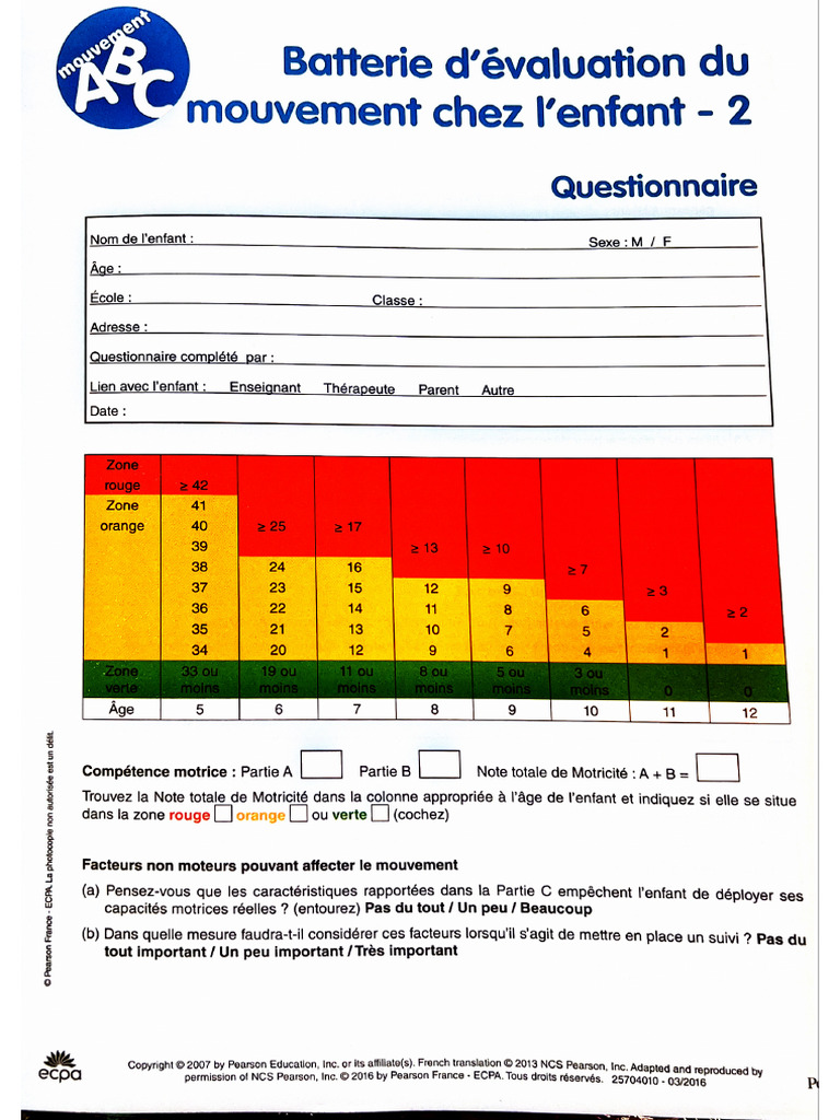 MABC 2 Questionnaire | PDF