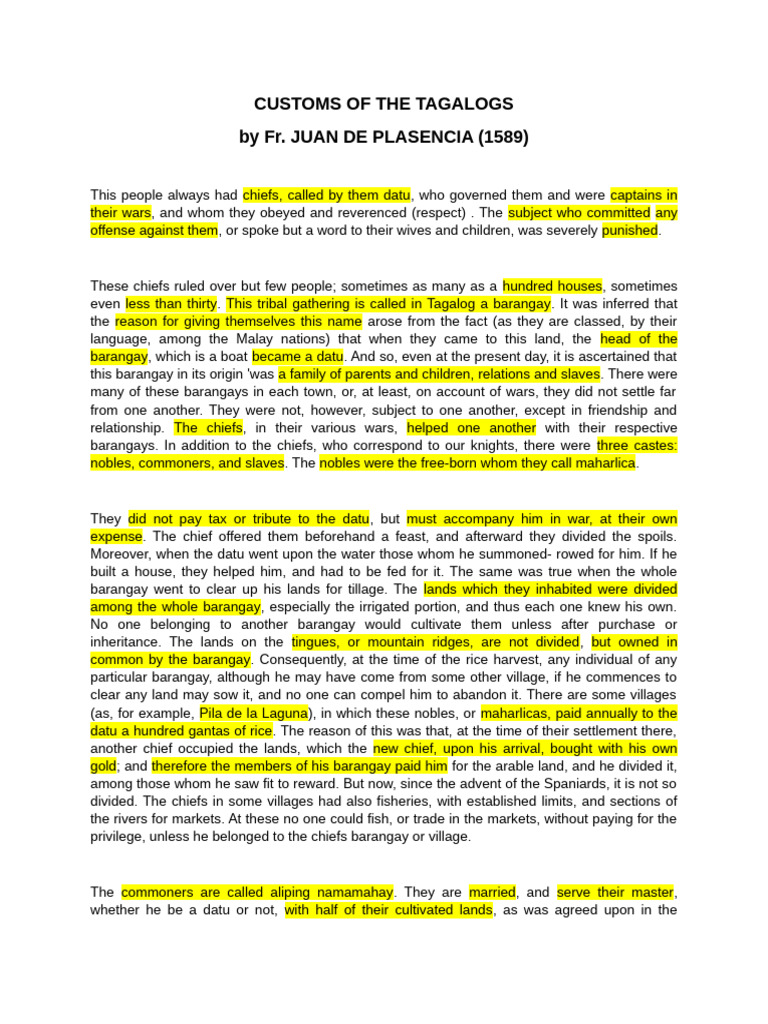 Tagalog Customs and Social Structure | PDF | Wife | Marriage