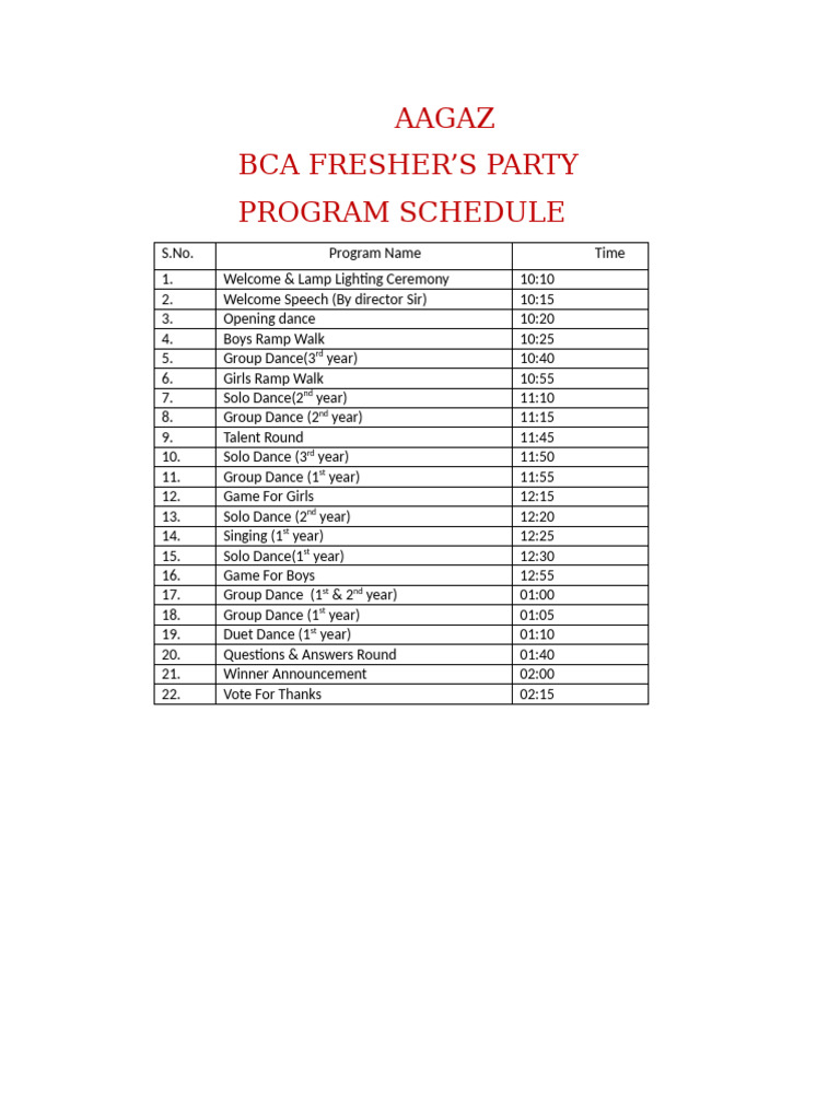 Freshers AAGAZ Schedule | PDF