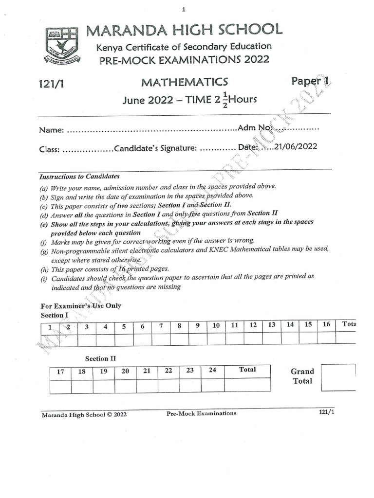 Maths Paper 1 Maranda Form 4 End Term 1 | PDF