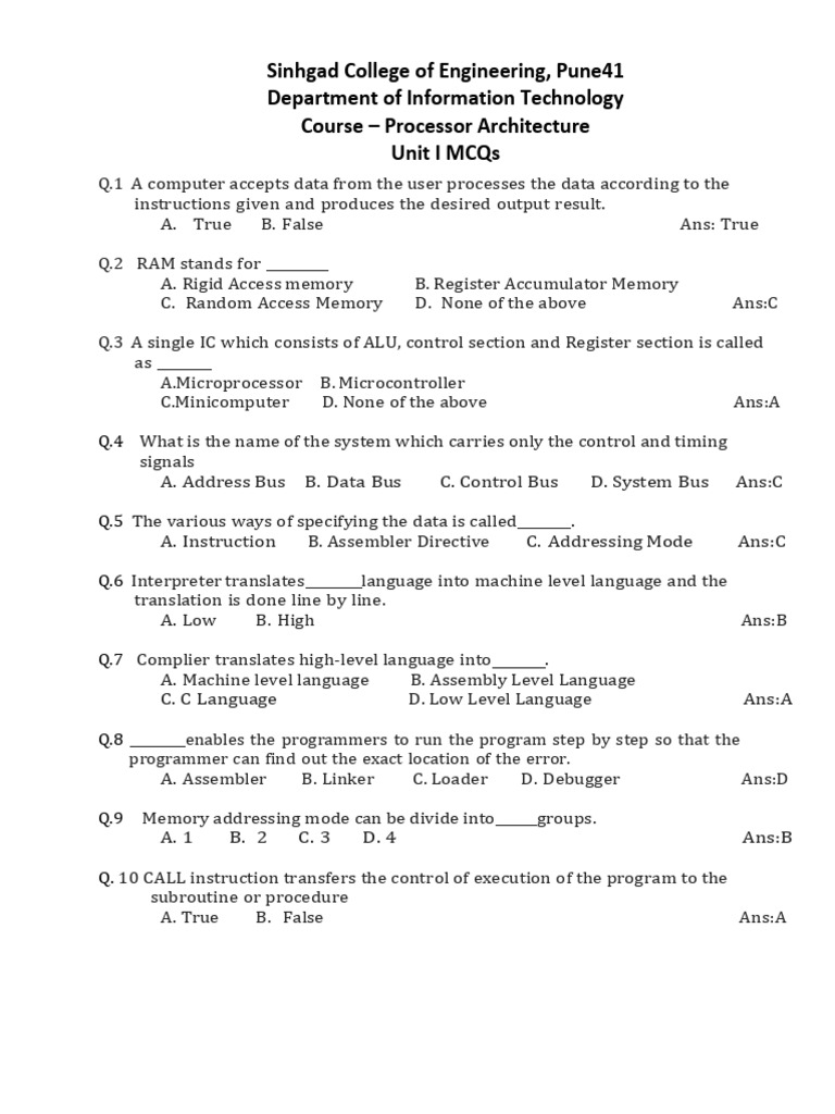 Sinhgad College of Engineering, Pune41 Department of Information Technology Course - Processor ...