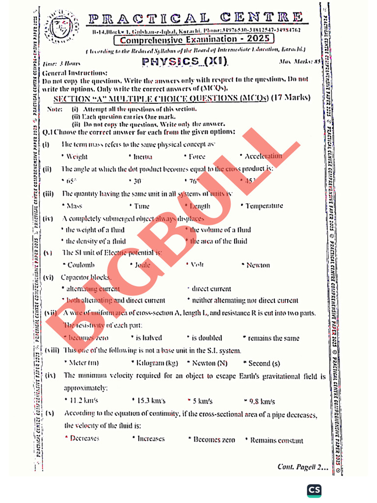 Bigbull Education Class Xi PC Comprehensive Paper 2025 | PDF