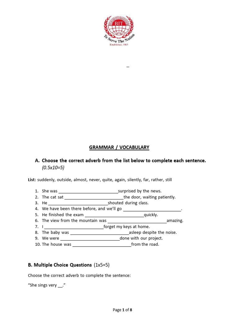 English Language Sample Paper VI | PDF | Adverb | Linguistics