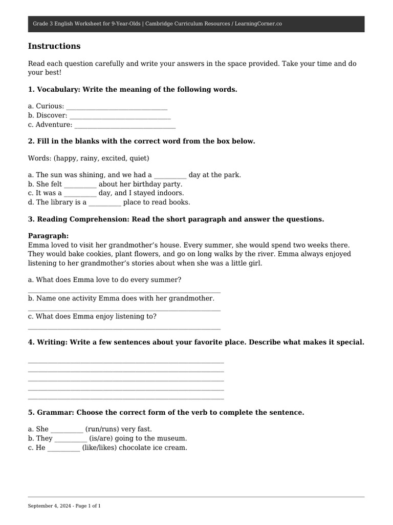 Learning Corner Worksheet 659 | PDF