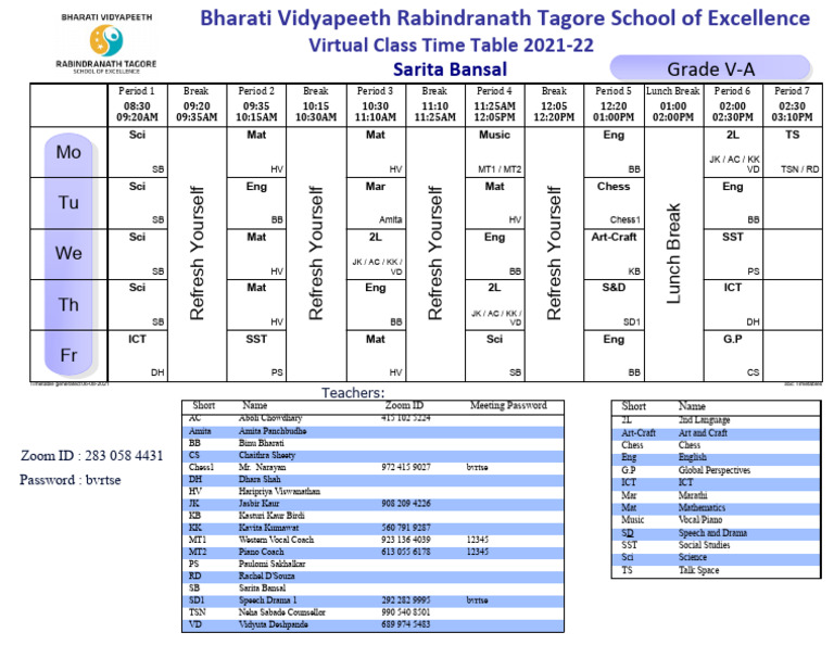 Aug - Grade v-A Timetable | PDF