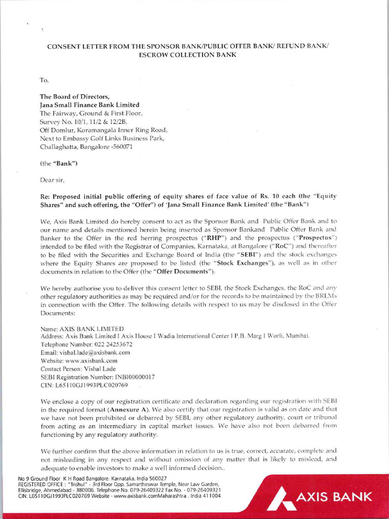 Axis Bank Consent Letter | PDF