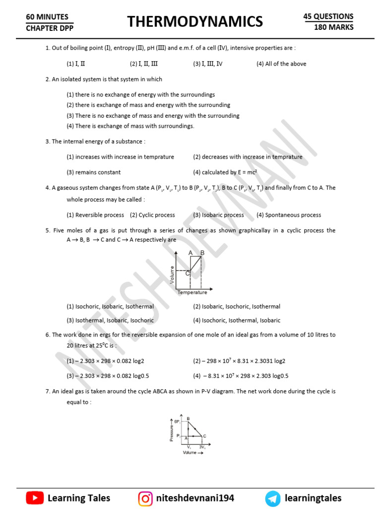 DPP - Thermodynamics - Learning Tales | PDF | Heat | Gases