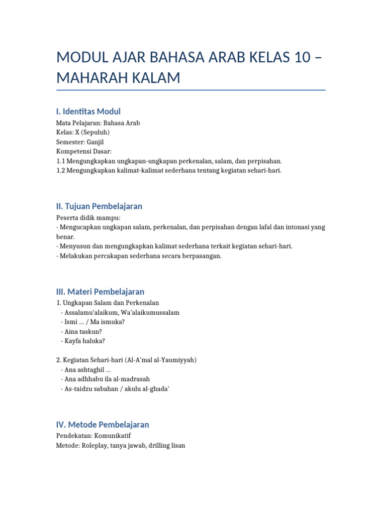 Modul Ajar Bahasa Arab Kelas 10 Maharah Kalam | PDF