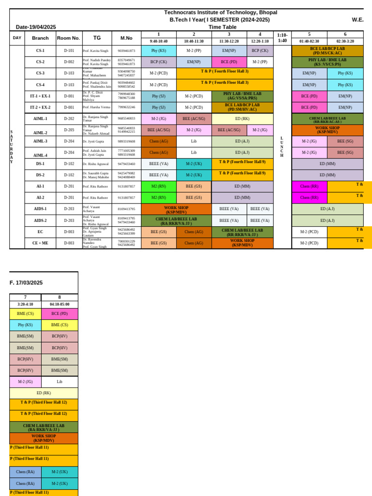 B.Tech 1st Year Timetable 2024-2025 | PDF