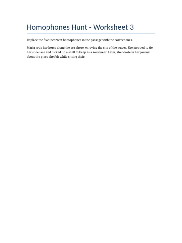 Homophones Hunt - Worksheet 3 | PDF