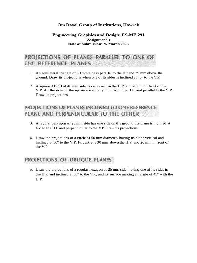 Assignment 3 Projecction of Plane | PDF