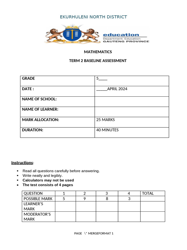 Grade 5 Term 2 Math Assessment 2024 | PDF