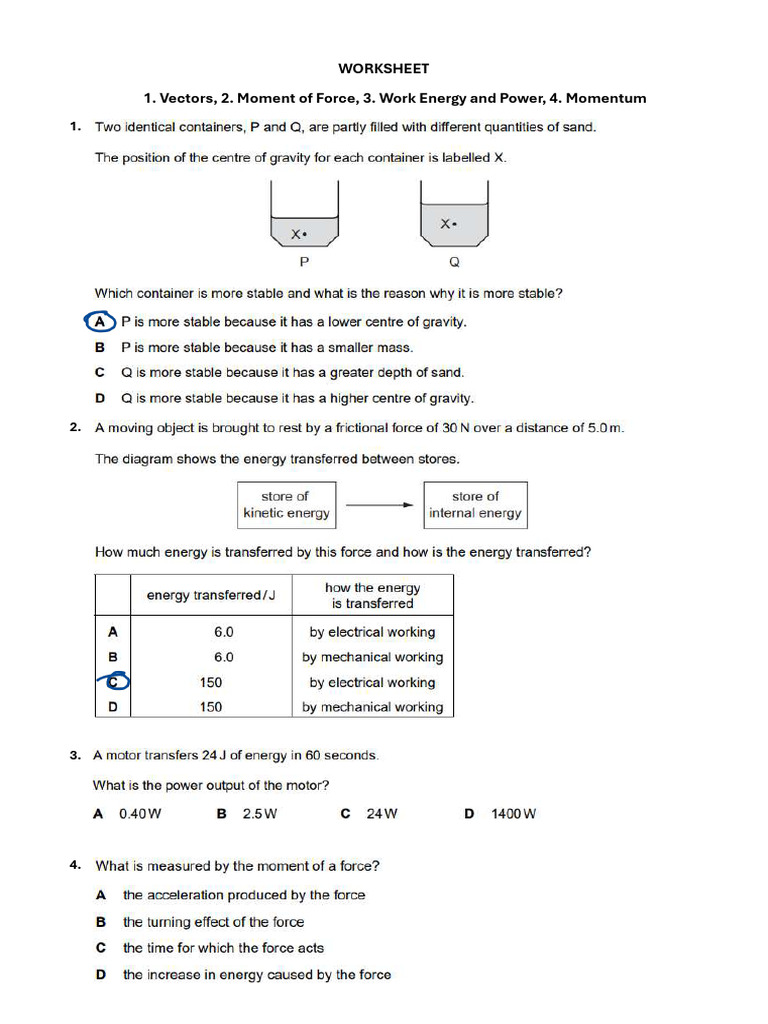 Worksheet Vectors, Moments, Work, Momentum | PDF
