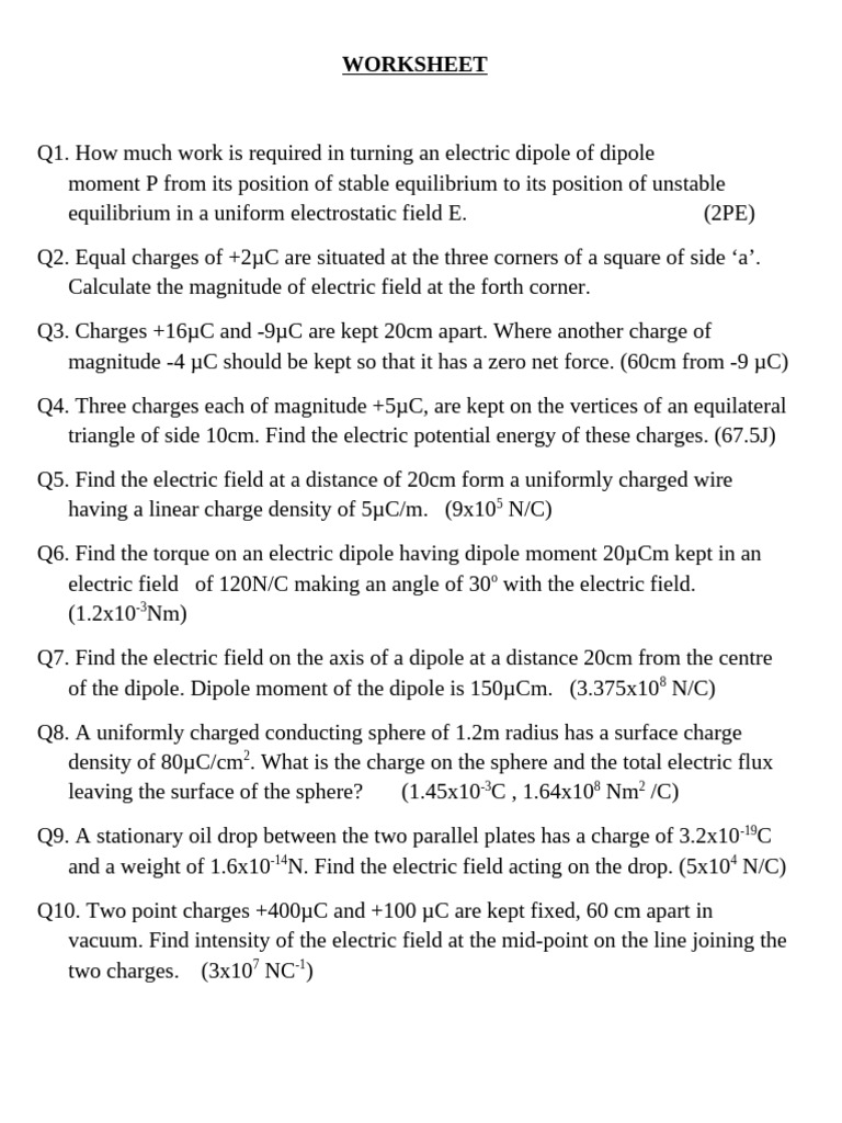 WORKSHEET Electrostatics 2 | PDF