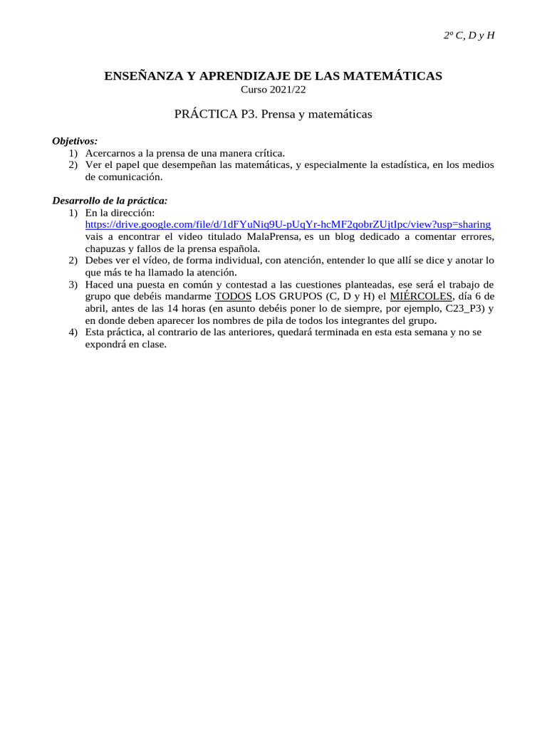 2021 - 22 P3 Prensa y MatemÃ¡ticas C - D - H | PDF