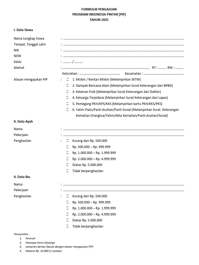 Formulir PIP 2025 | PDF