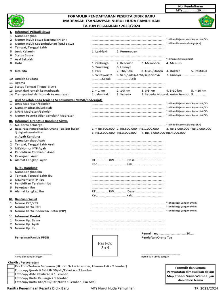 FORMULIR PPDB MTS 2023-2024 | PDF