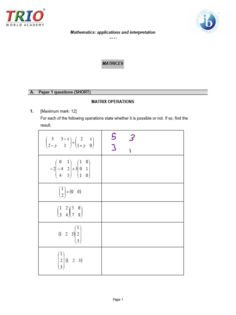 Math AI HL MATRICES - Worksheet-1 | PDF | Determinant | Matrix ...