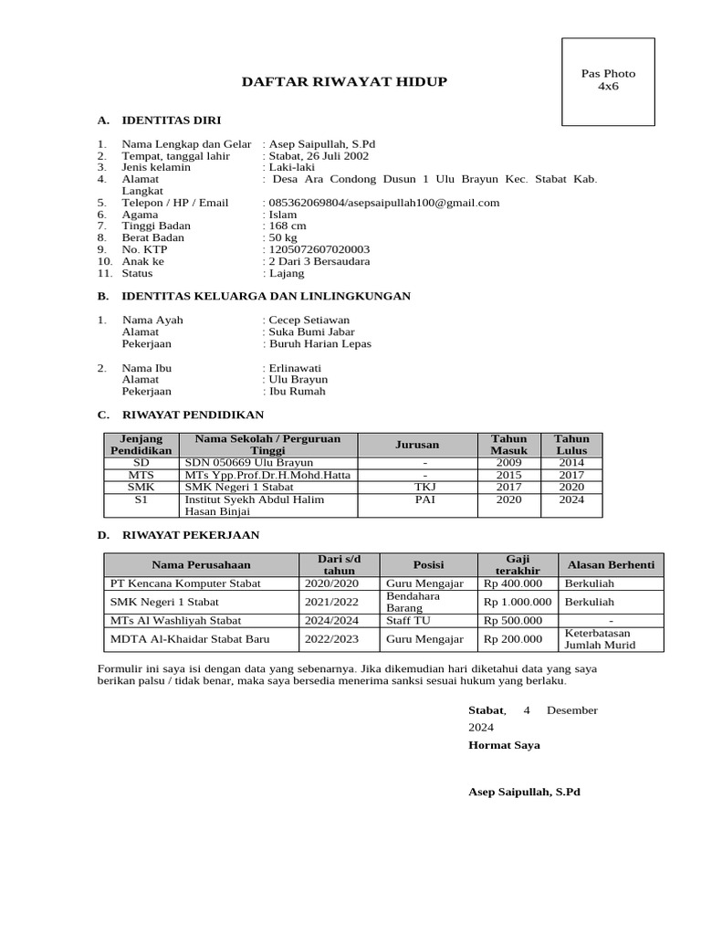 CV Asep Saipullah, S.Pd 2024 | PDF