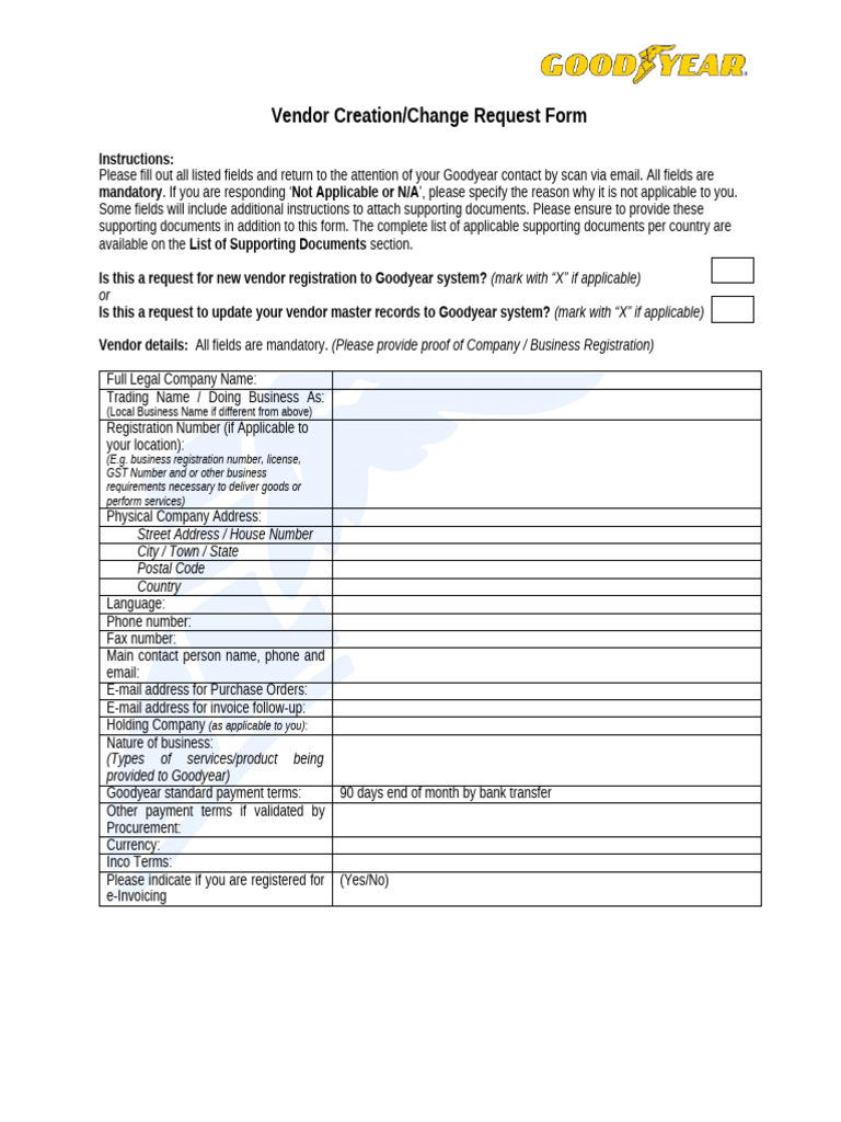 Goodyear Vendor Creation Form Apac | PDF | Email Address