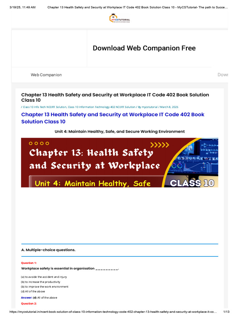 Chapter 13 Health Safety and Security at Workplace IT Code 402 Book Solution Class 10 ...