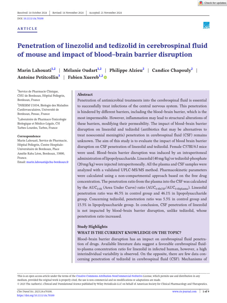 Clinical Translational Sci - 2025 - Lahouati - Penetration of Linezolid and Tedizolid in ...