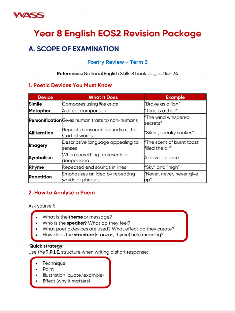 Year 8 English EOS2 Revision Package-PWA | PDF