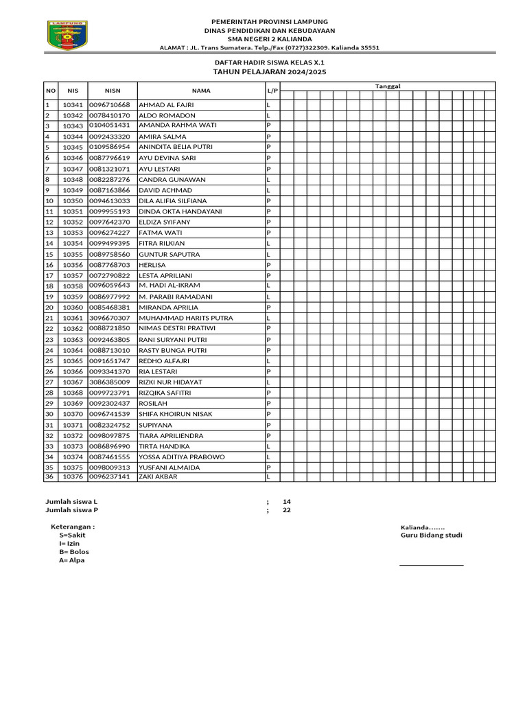 Absensi Kelas X Genap 2024-2025 | PDF