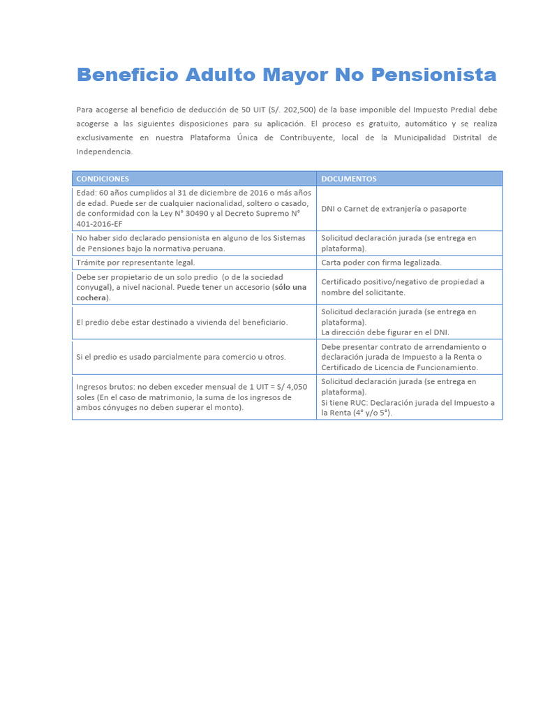 Beneficio Predial Adulto Mayor Perú | PDF