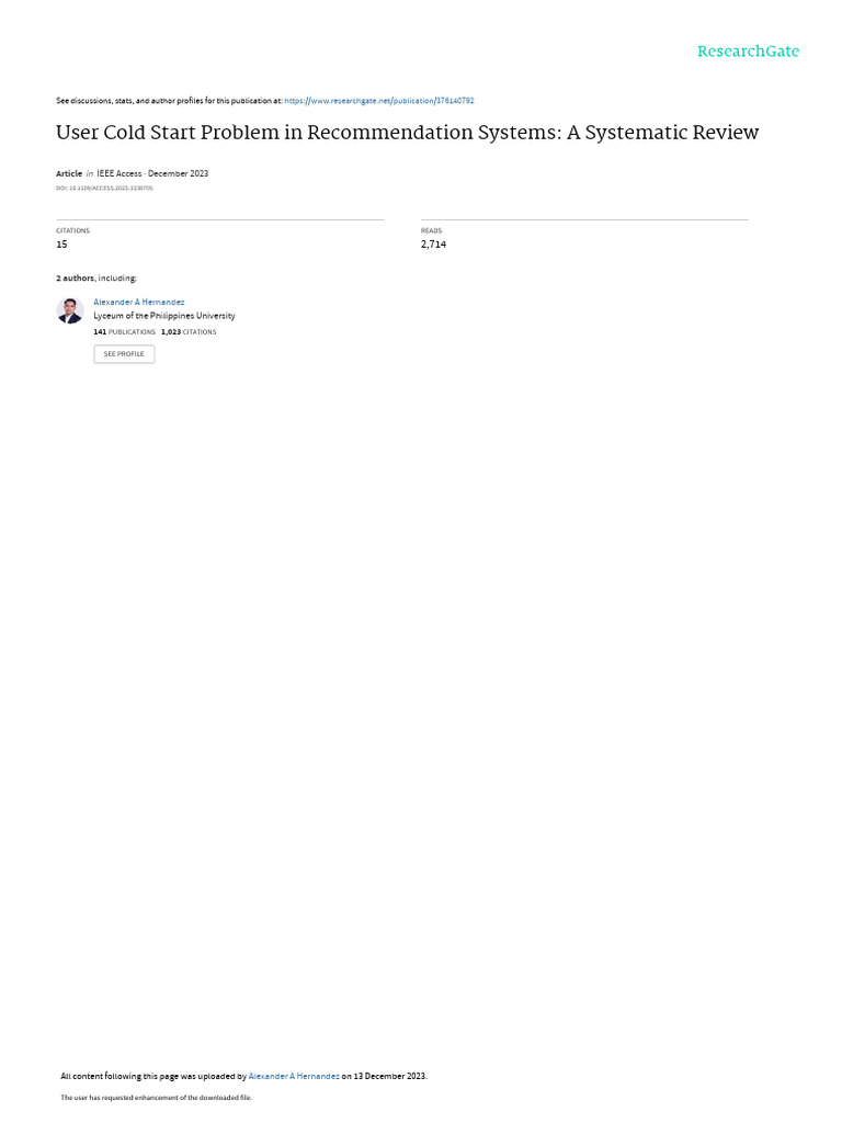 User Cold Start Problem In Recommendation Systems A Systematic Review Pdf Systematic Review