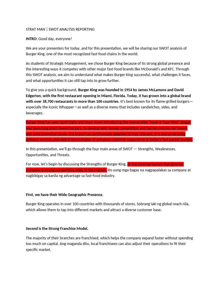 Burger King SWOT Analysis Overview | PDF | Hamburgers | Swot Analysis