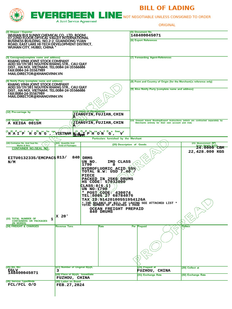 Bill of Lading for Chemical Shipment | PDF | Bill Of Lading | Supply ...