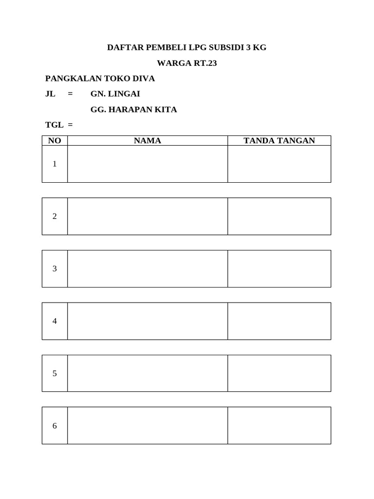 Daftar Pembeli Lpg Subsidi 3 Kg Toko Diva | PDF