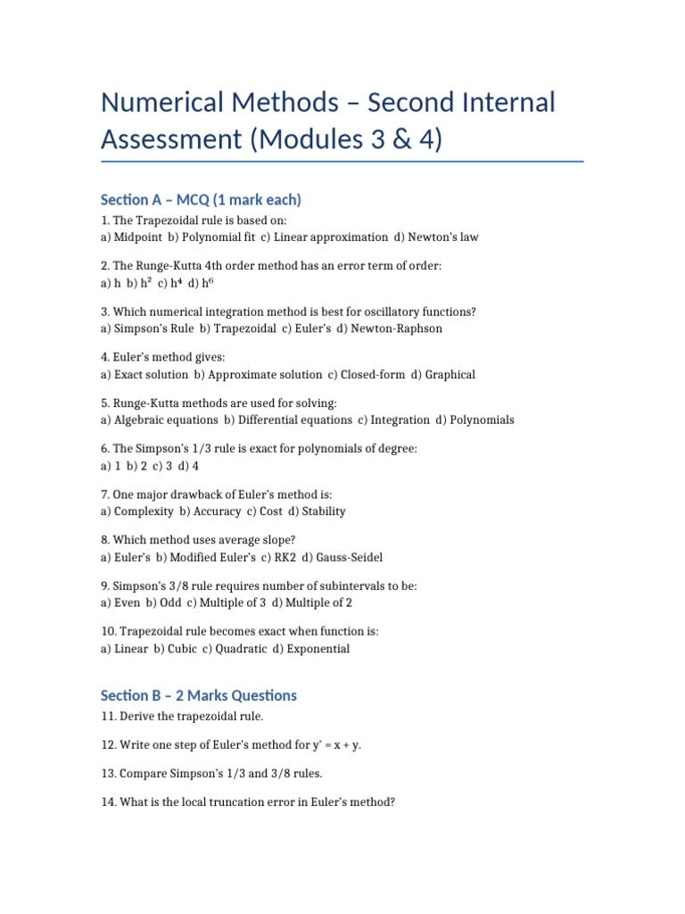 Numerical Methods Assessment MCQs & Problems | PDF