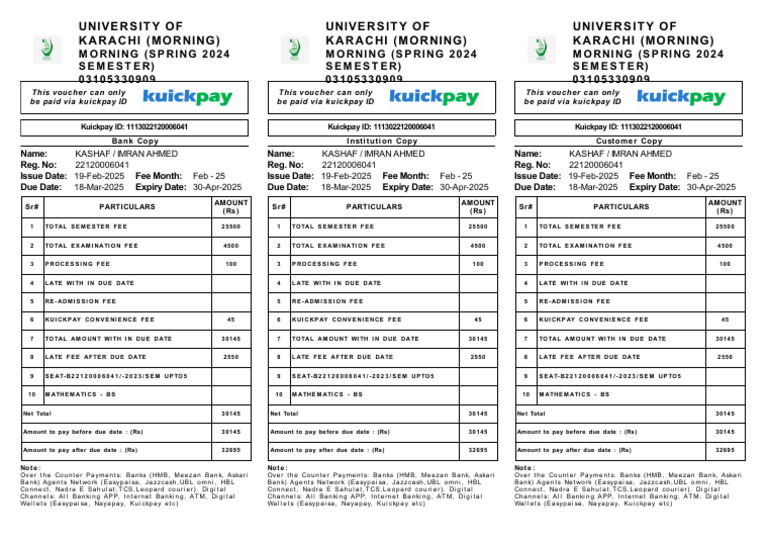 Kuickpay Fee Voucher for Kashaf Ahmed | PDF