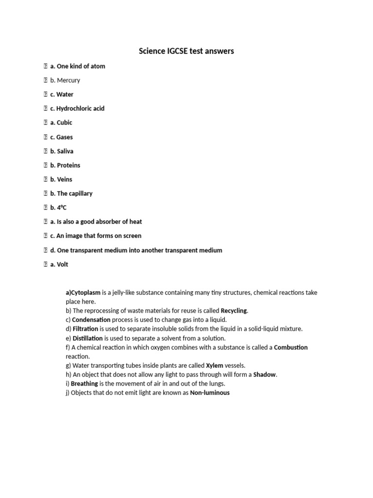 IGCSE Science Test Answers Overview | PDF