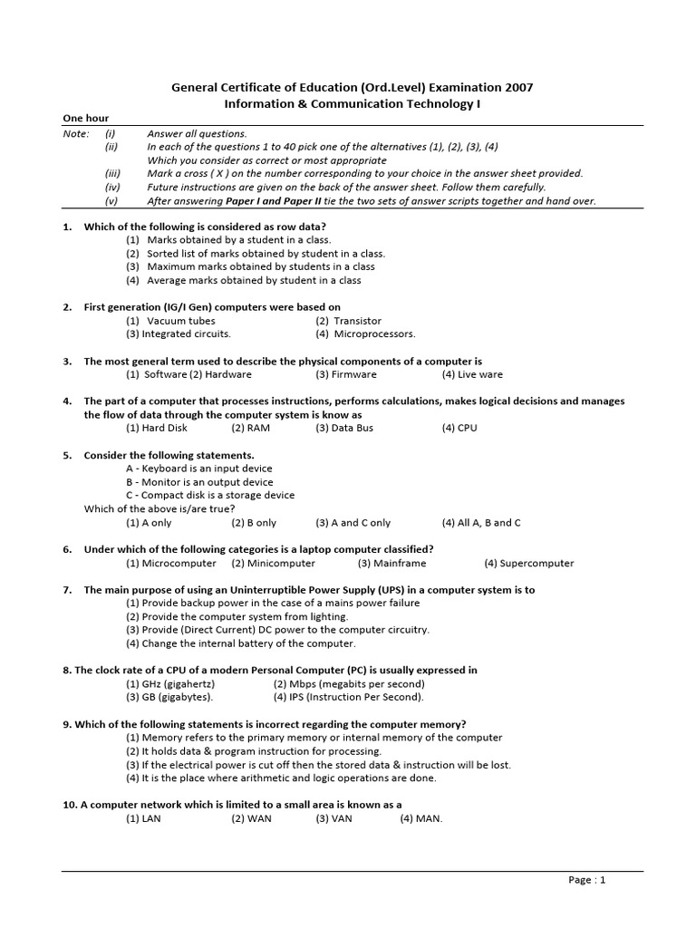 2007 O/L ICT Exam Paper | PDF | Computer Data Storage | Control Key
