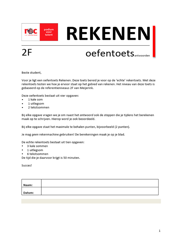 Rekenenoefentoets 2f Antw | PDF