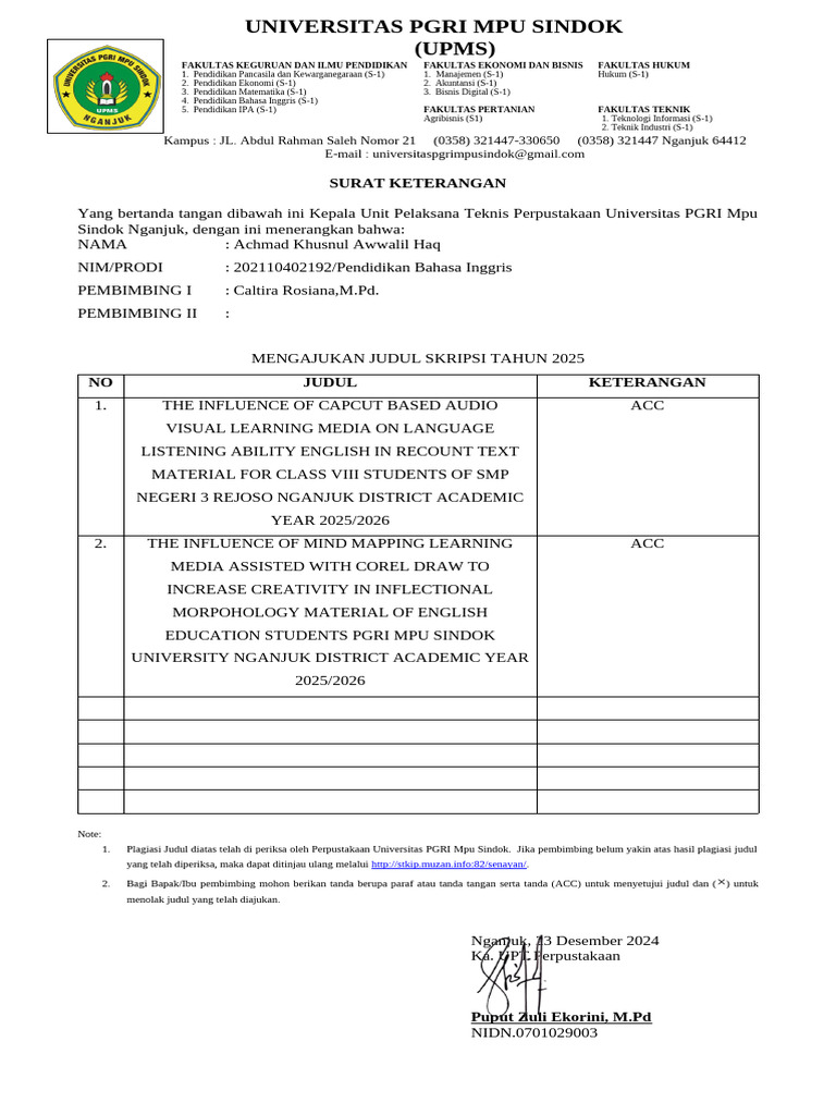 Form Pengajuan Judul Skripsi Achmad Khusnul | PDF