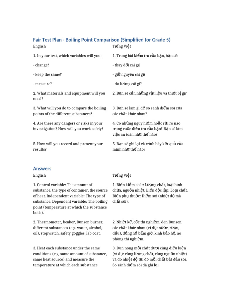 Fair Test Boiling Points Grade 5 | PDF