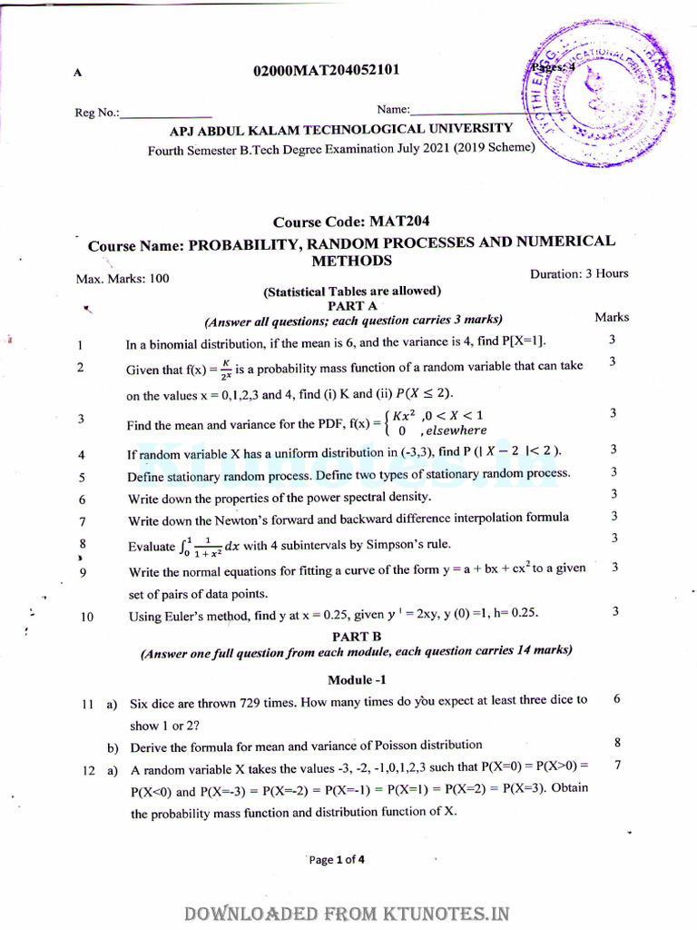 B.Tech Probability Exam Questions 2021 | PDF | Probability Distribution ...