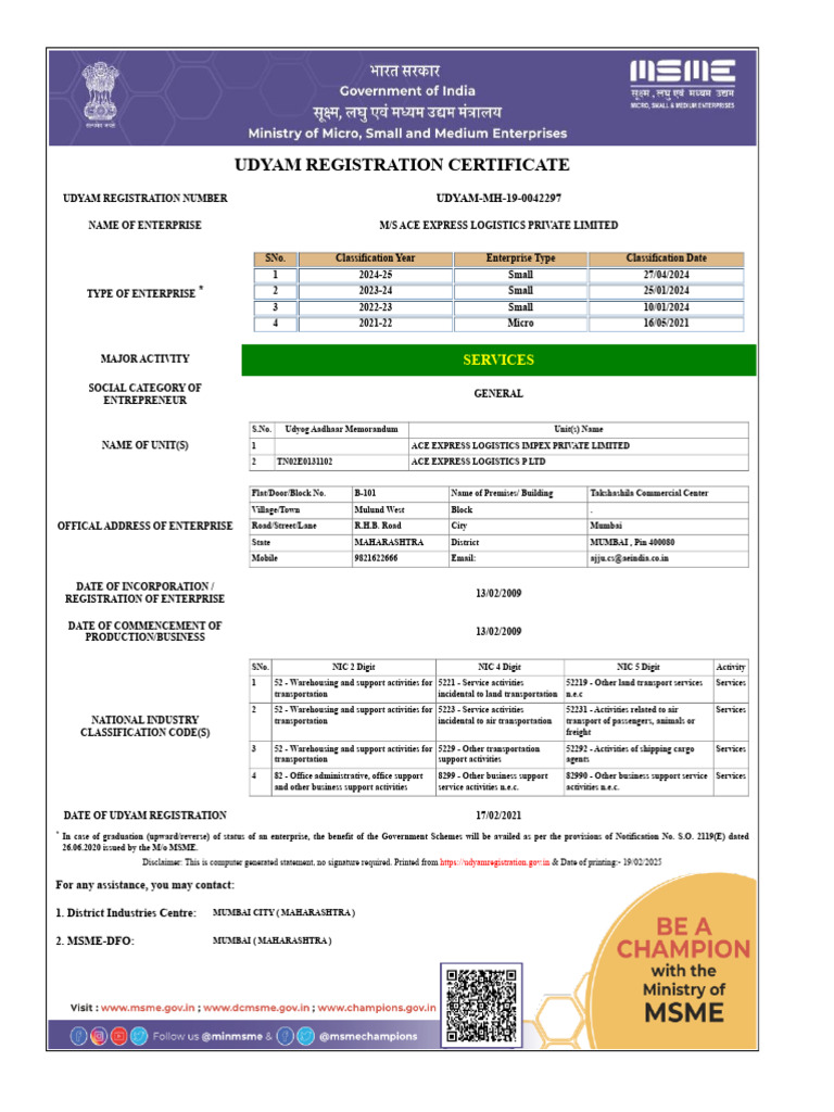 Ace Express Logistics Impex-Msme | PDF | Transport | Business Economics