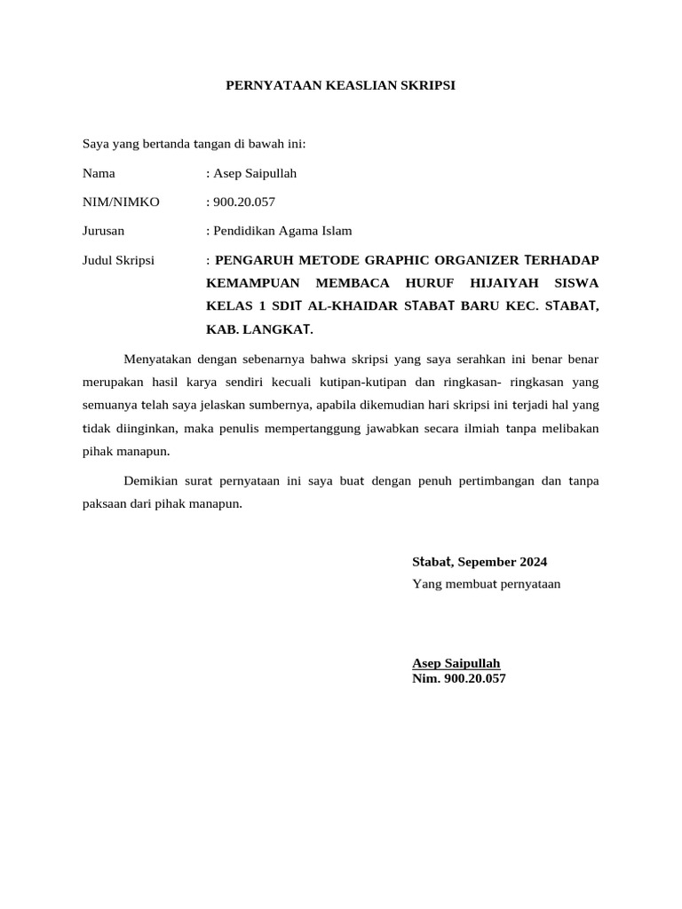 Pernyataan Keaslian Skripsi Asep Saipullah | PDF