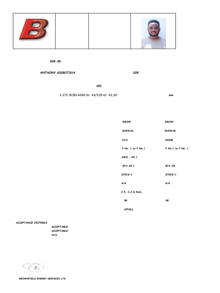 Welder Cert ANTHONY AIGBOTSUA-028-3G Signed | PDF | Welding | Construction
