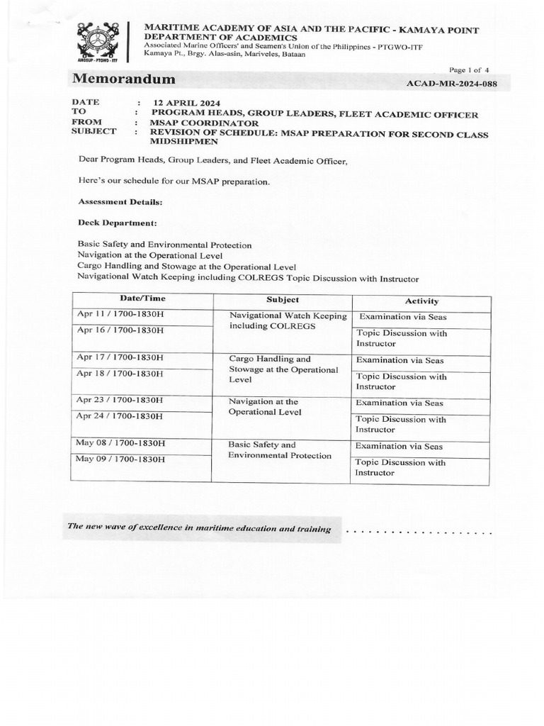 Acad MR 2024 088 Revision of Schedule in Msap Preparation For Second Class Midshipmen | PDF